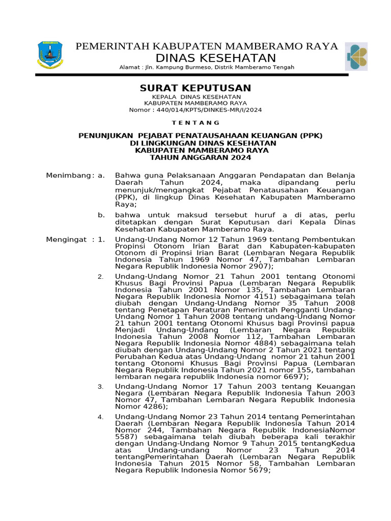 Format SK PPK 2024 (Ditetapkan Kepala Dinas) | PDF