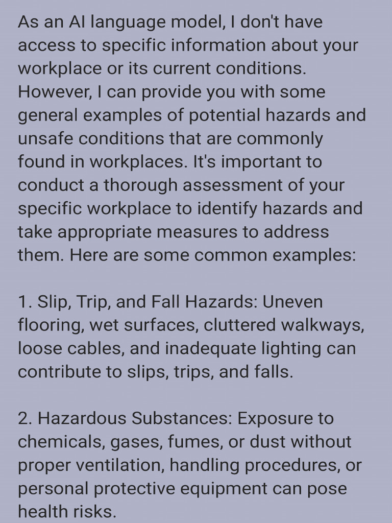 Hazards and unsafe conditions in workplace _ Exercise 2 | PDF