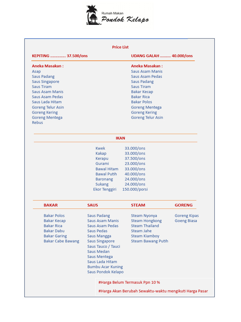 Menu Lengkap RM Pondok Kelapo | PDF