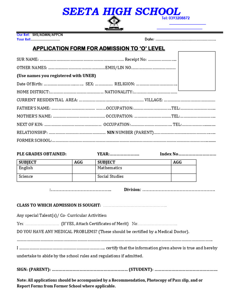 O Level Admission Application Form | PDF
