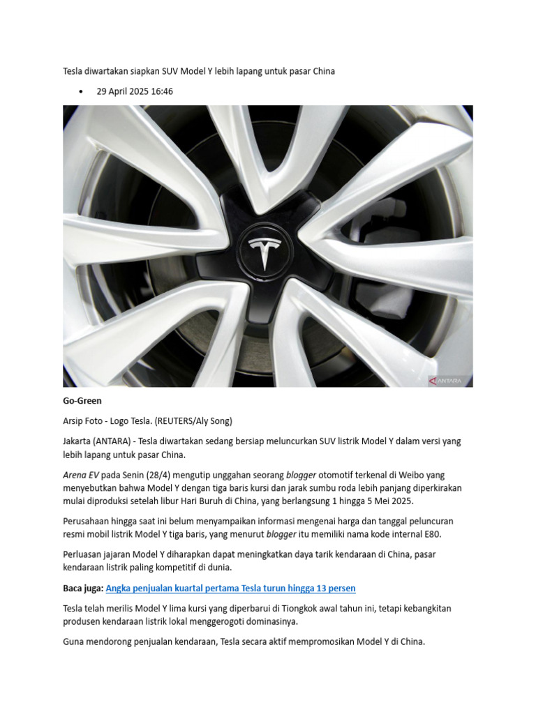 Tesla Diwartakan Siapkan SUV Model Y Lebih Lapang Untuk Pasar China | PDF