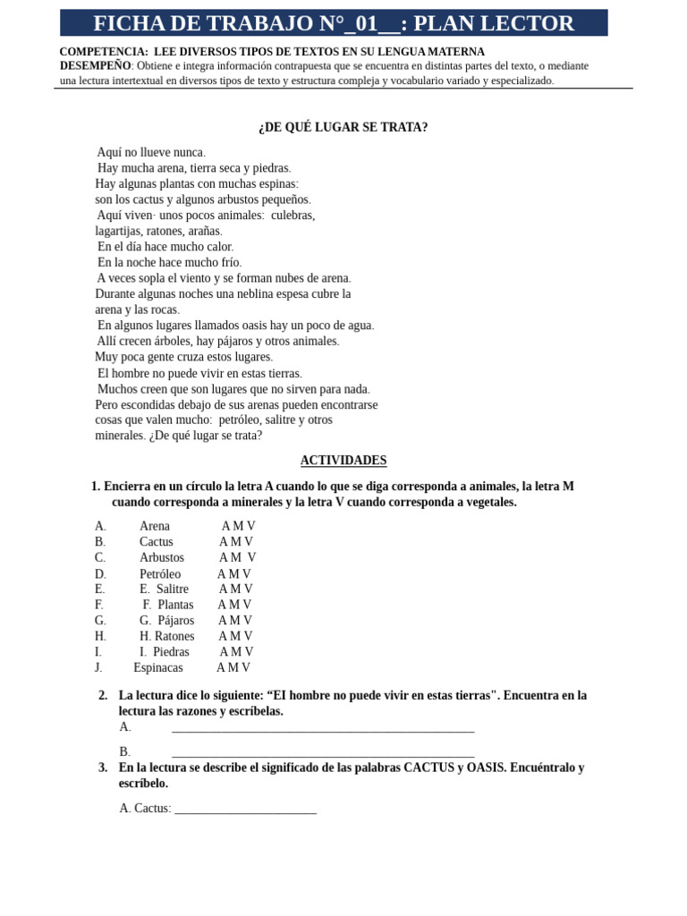 FICHA DE PLAN LECTOR para Aula Pre | PDF