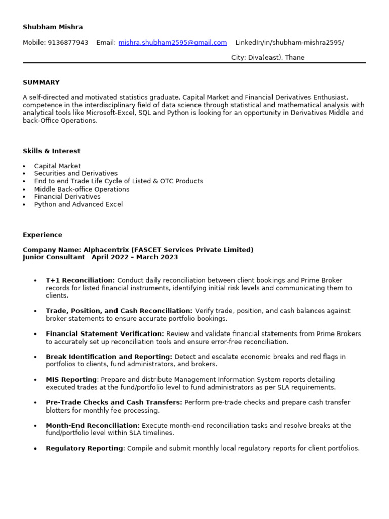 Shubham Mishra - CV2 - Amended | PDF | Data Science | Science