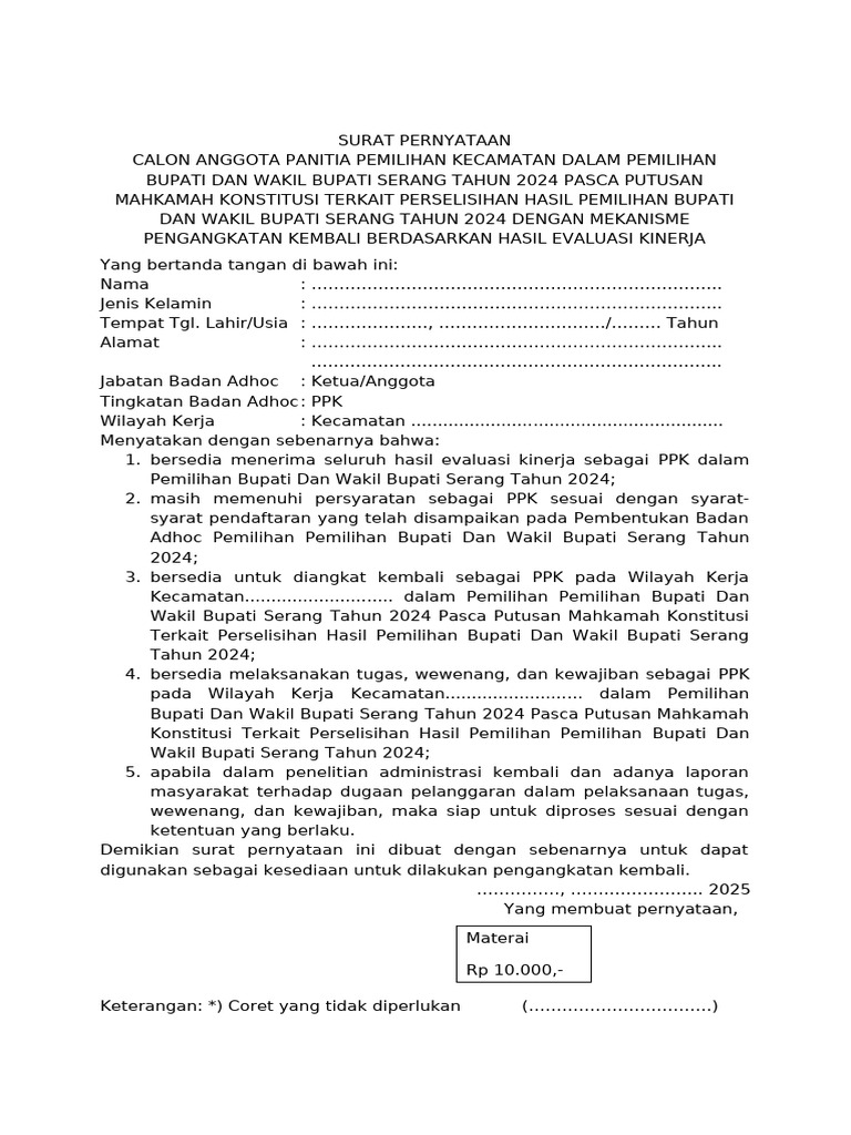 00 Surat Pernyataan Kesediaan PPK, PPS Dan KPPS | PDF