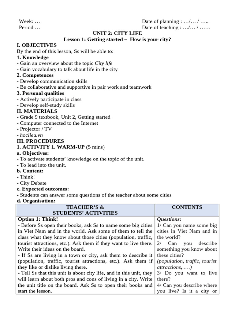 Giáo án tiếng anh lớp 9 sách Global Unit 2 | PDF | Vocabulary | Adjective