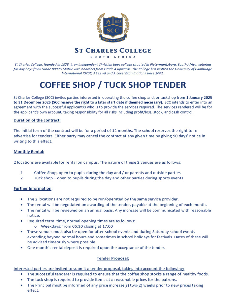 St Charles College Tuck Shop Tender 2025 | PDF