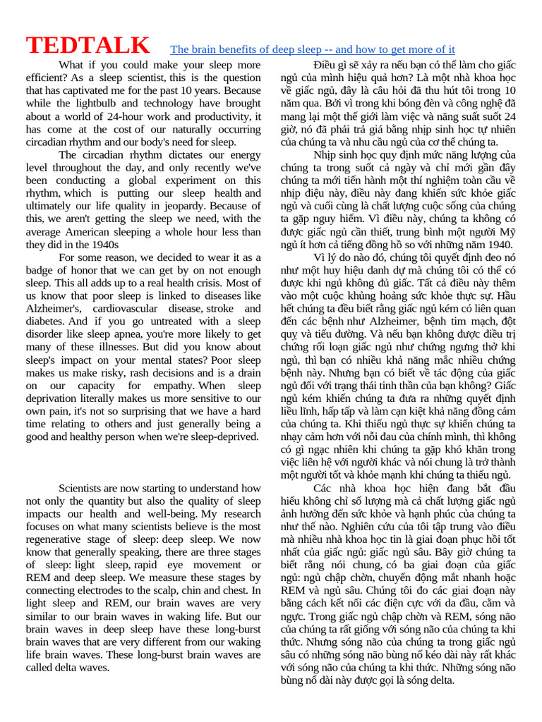 The Brain Benefits of Deep Sleep - and How To Get More of It (Tedtalk) | PDF