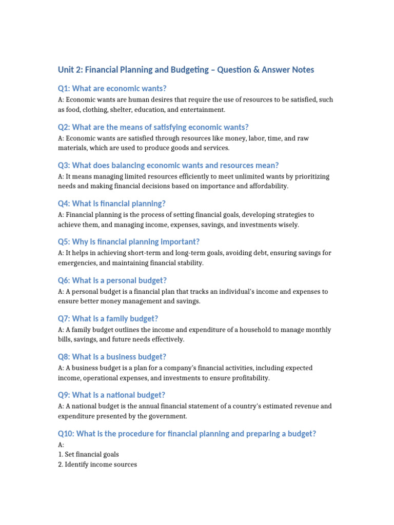 Financial Literacy Unit2 QA | PDF | Budget | Expense