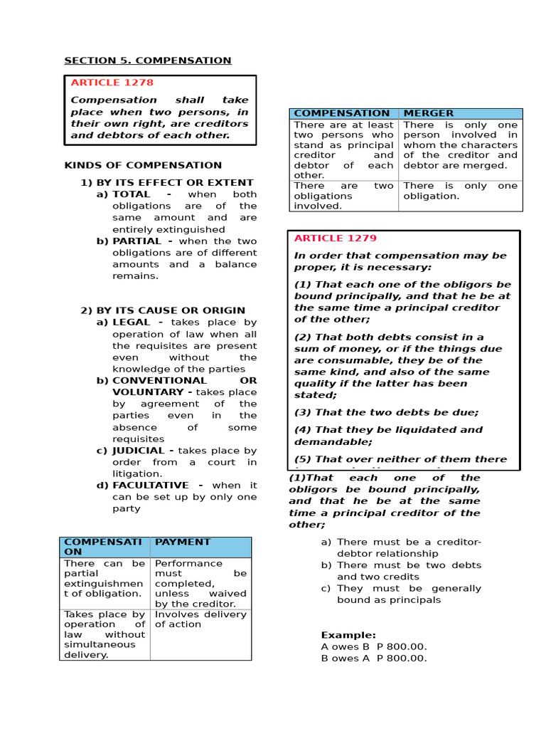 Section 5. Compensation Summary of TopicsDoctrines | PDF | Assignment (Law) | Debt