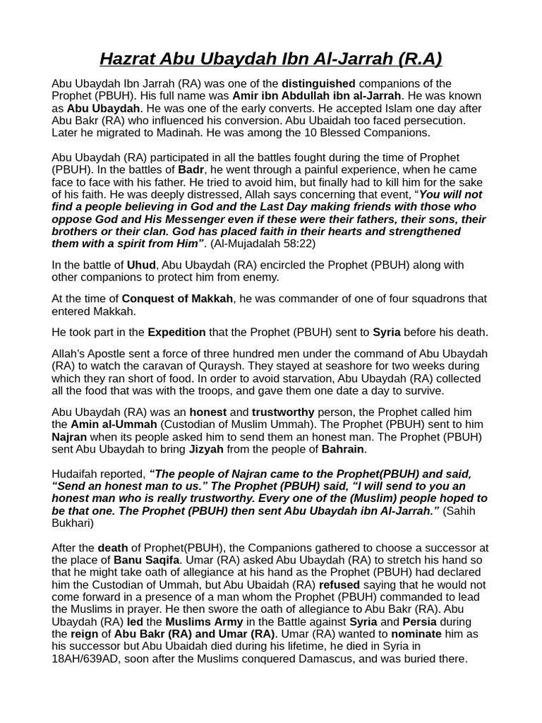 Hazrat Abu Ubaidah Ibn Jarrah | PDF | Muhammad | Umar