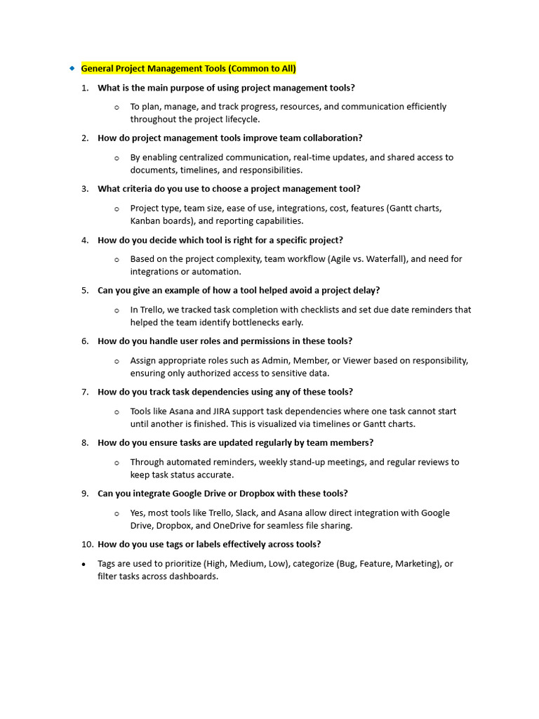 Questions For General Project Management Tools | PDF | Scrum (Software Development) | Project ...