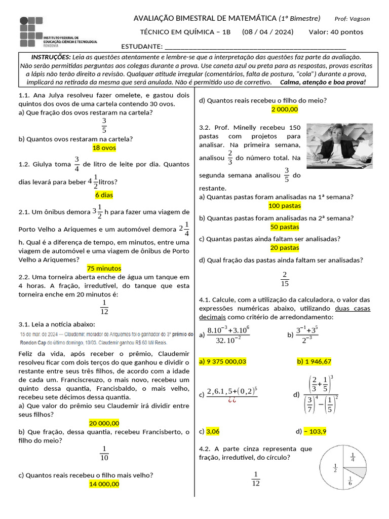 Avaliação Bimestral de Matemática 1B | PDF