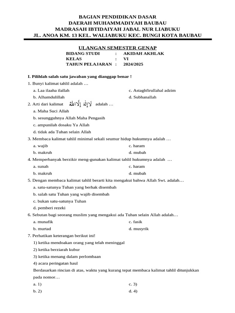 Bagian Pendidikan Dasar Soal Bu Guru Jabal Nur 2025 | PDF