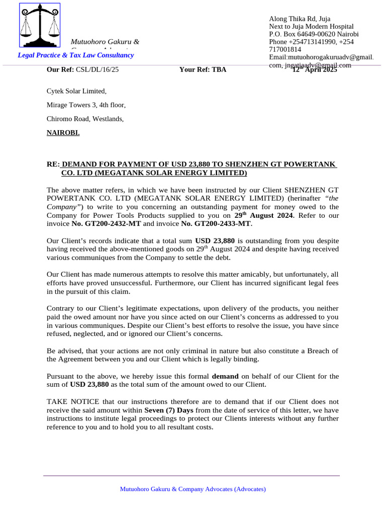 Demand Letter - Cytek Solar Ltd | PDF | Private Law | Justice