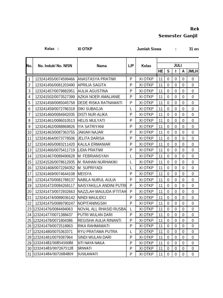 Contoh Format Rekap Kehadiran Siswa | PDF