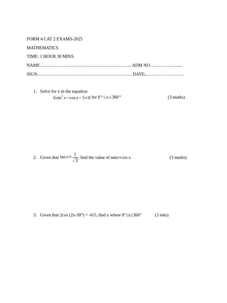 Form 4 Cat 2 (Trigonometry and 3D) | PDF