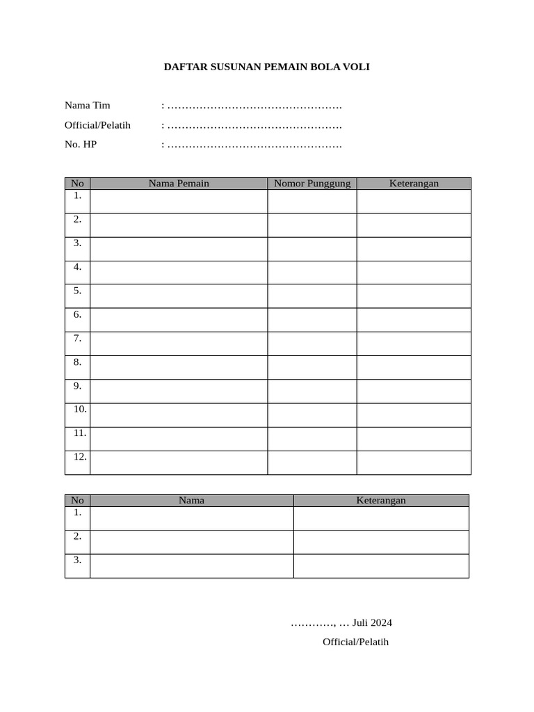 Daftar Susunan Pemain Bola Voli (1) | PDF