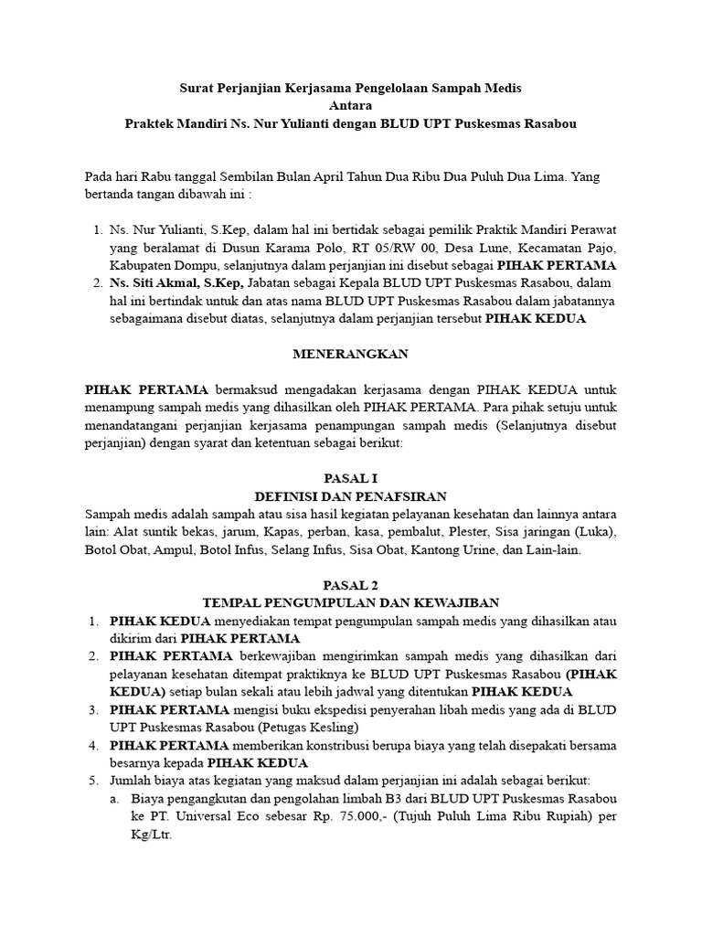 Surat Perjanjian Kerjasama Pengelolaan Sampah Medis | PDF