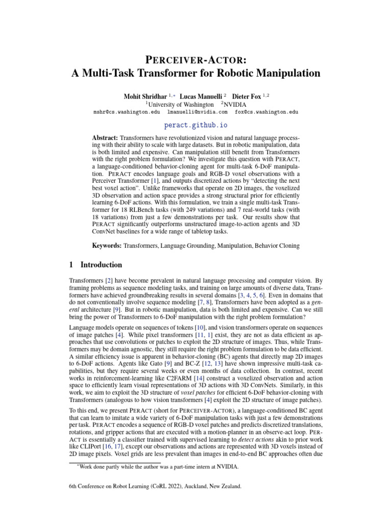 PERCEIVER-ACTOR- A Multi-Task Transformer for Robotic Manipulation | PDF | Artificial ...