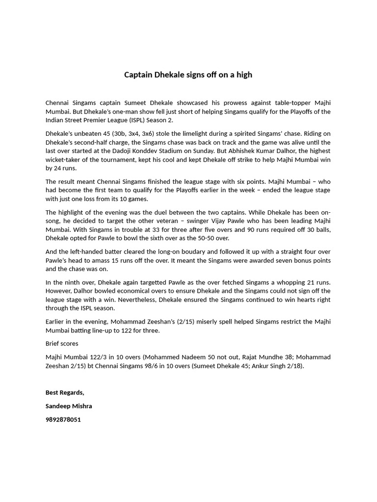 Captain Dhekale Signs Off On A High | PDF