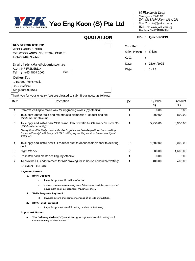Quotation Qs2502939 for Bio Design Pte Ltd | PDF | Prices | Breach Of Contract