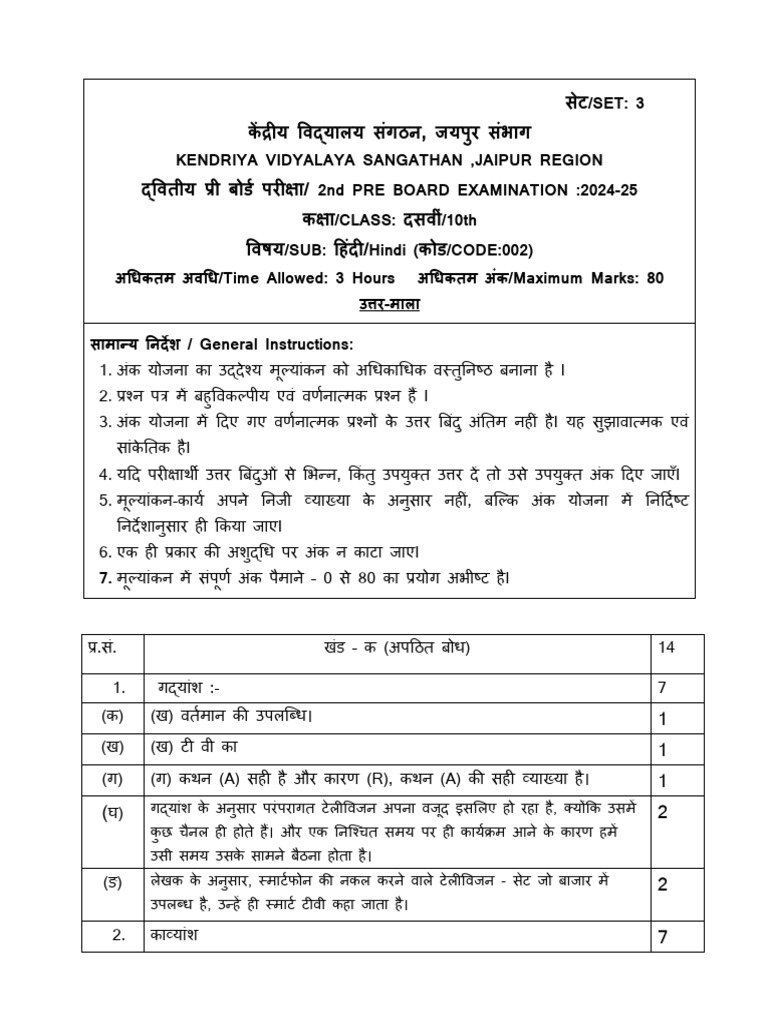 AK - Set 3 - Hindi - PB 2 - Class 10 - JPR - RG | PDF