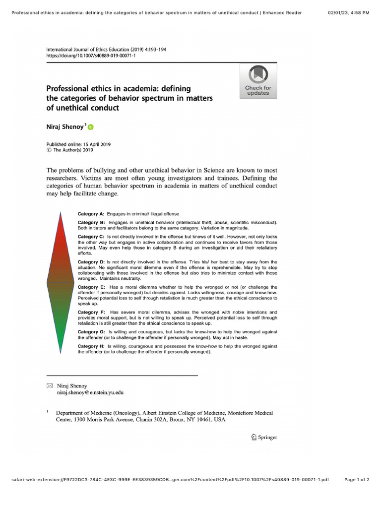Professional Ethics in Academia - Defining The Categories of Behavior Spectrum in Matters of ...