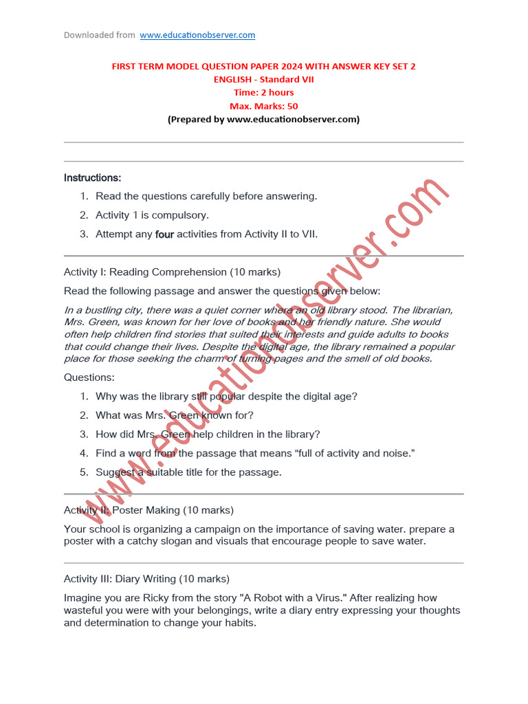 7th English First Term Model Question Paper- English by Educationobserver.com 2 | PDF