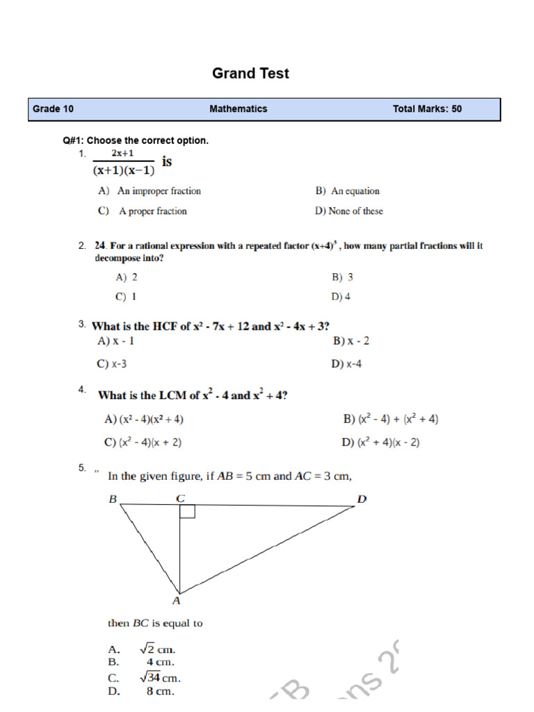 Grade 10 Mathematics Grand Test | PDF