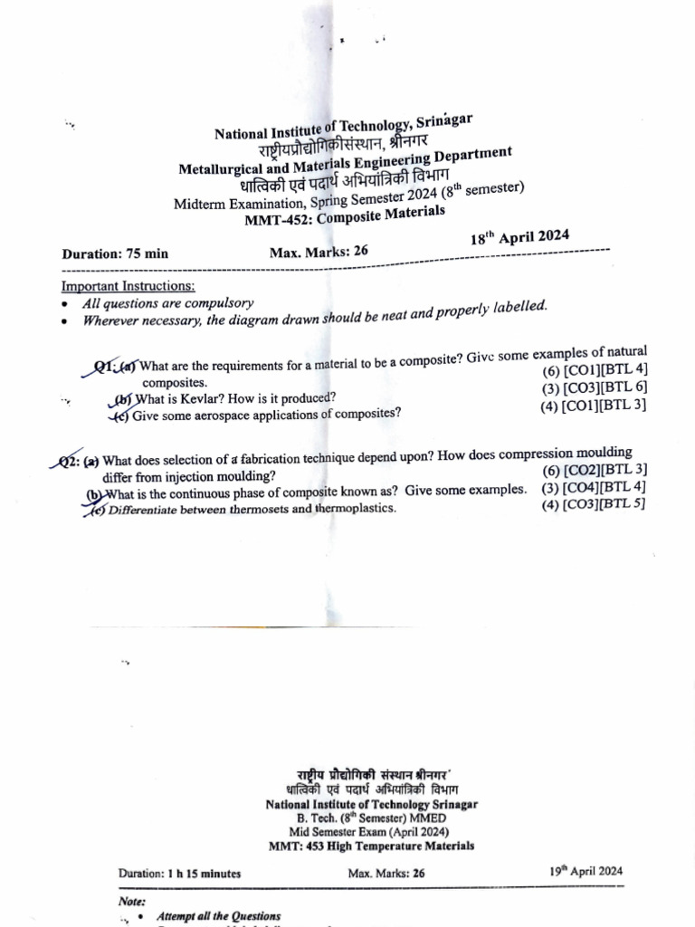 NIT Srinagar Metallurgy Exam Papers 2024 | PDF | Mechanical Engineering ...
