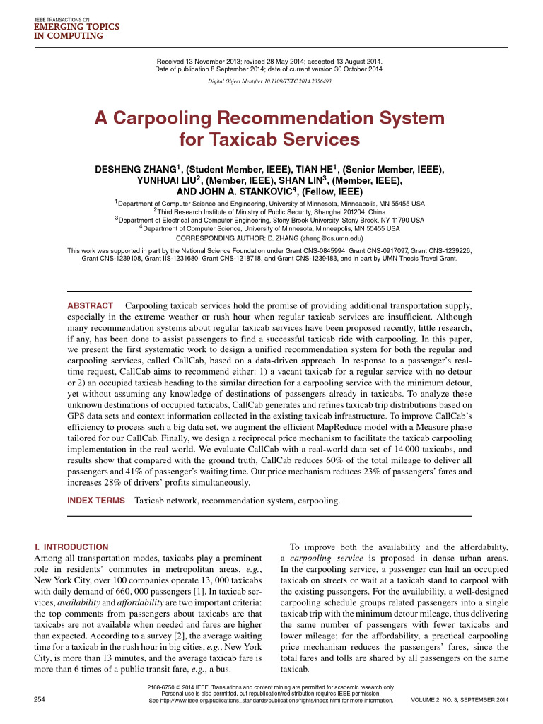 A Carpooling Recommendation System For Taxicab Services | PDF | Map Reduce | Transport