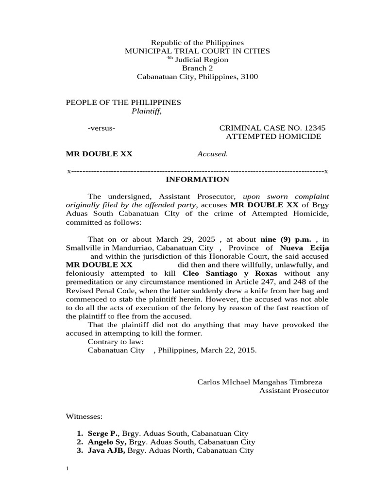 Attempted Homicide Case in Cabanatuan | PDF | Prosecutor | Government