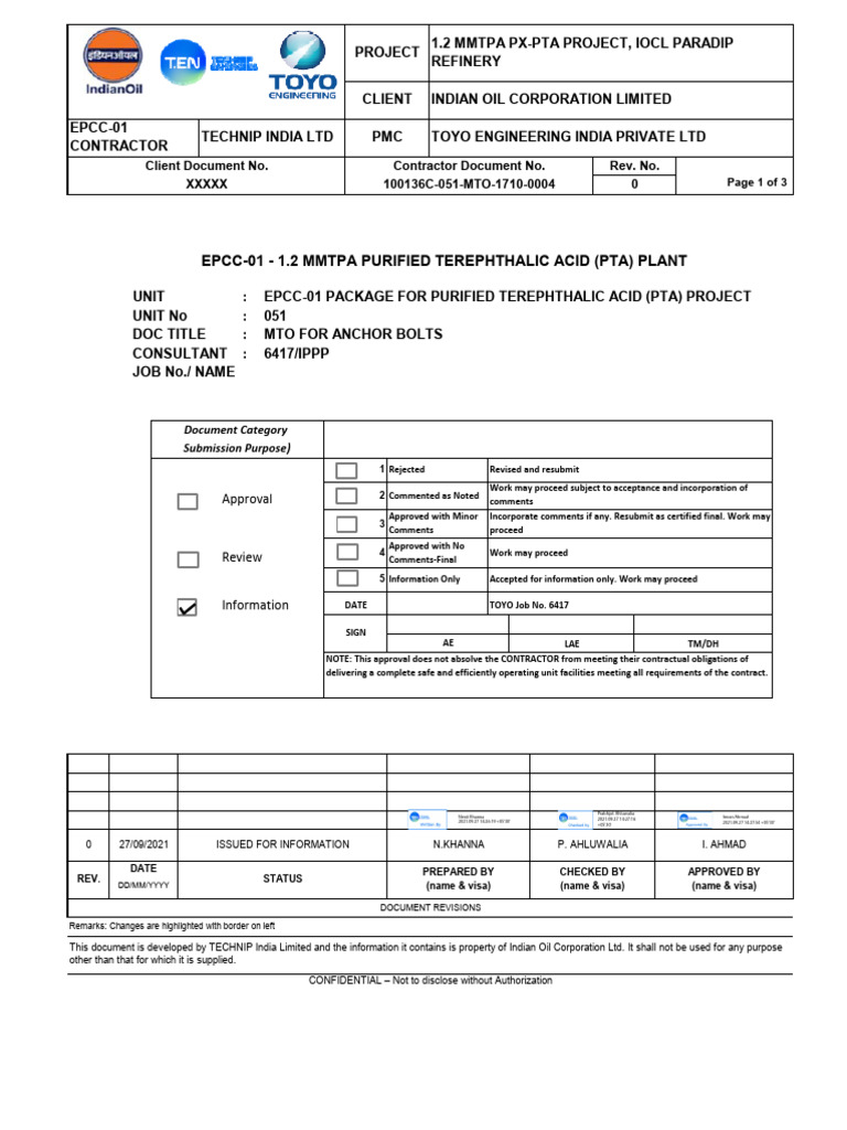 MTO for Anchor Bolts - PTA Project | PDF | Screw | Building Materials