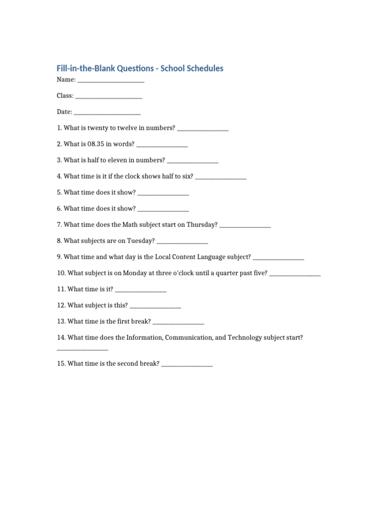 School Schedule Fill-in-the-Blank Quiz | PDF