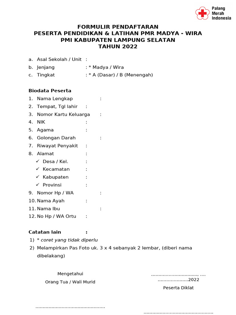 Formulir Pendaftaran PMR Madya 2022 | PDF