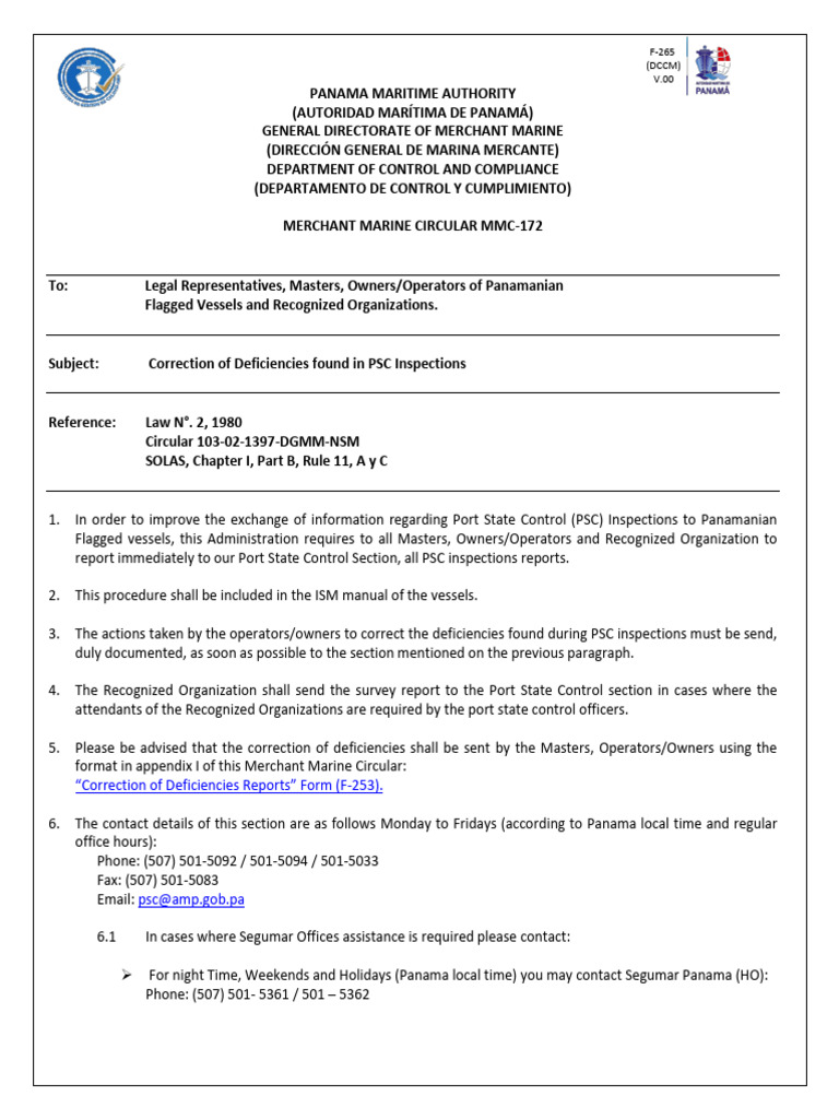 MMC 172 CORRECTION OF DEFICIENCIES FOUND IN PSC INSPECTIONS Amend 14 August 2019 1 | PDF ...