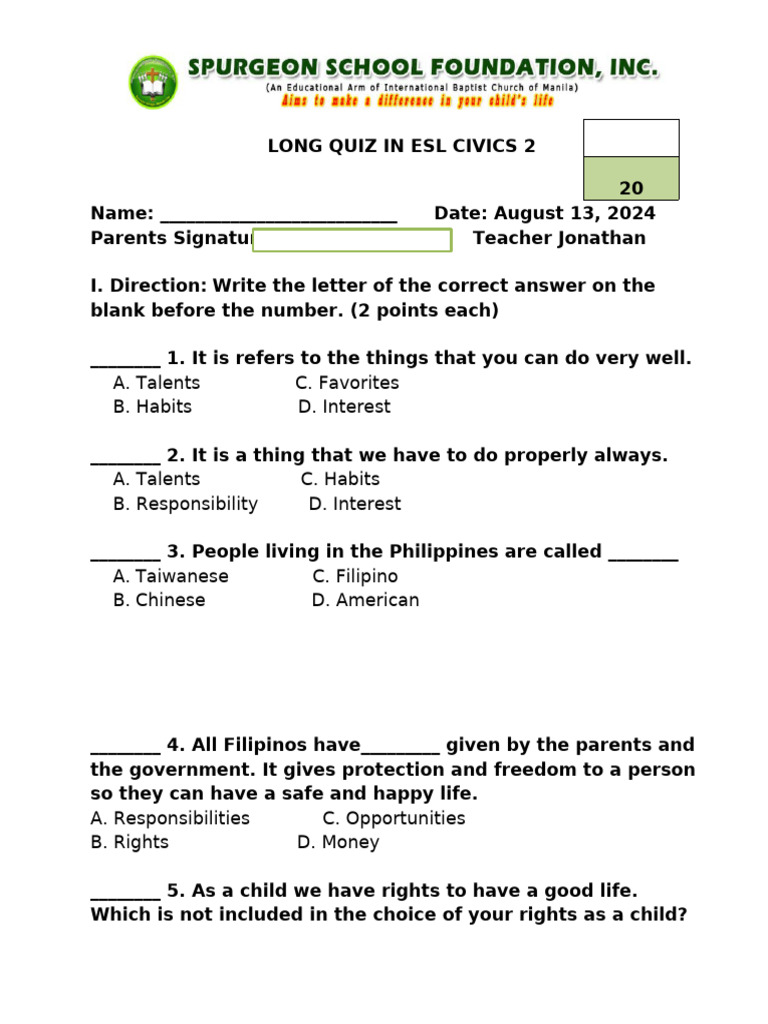 LONG QUIZ- ESL_CIVICS_2 | PDF