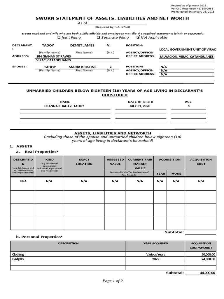 SALN Revised As of January 2015 | PDF