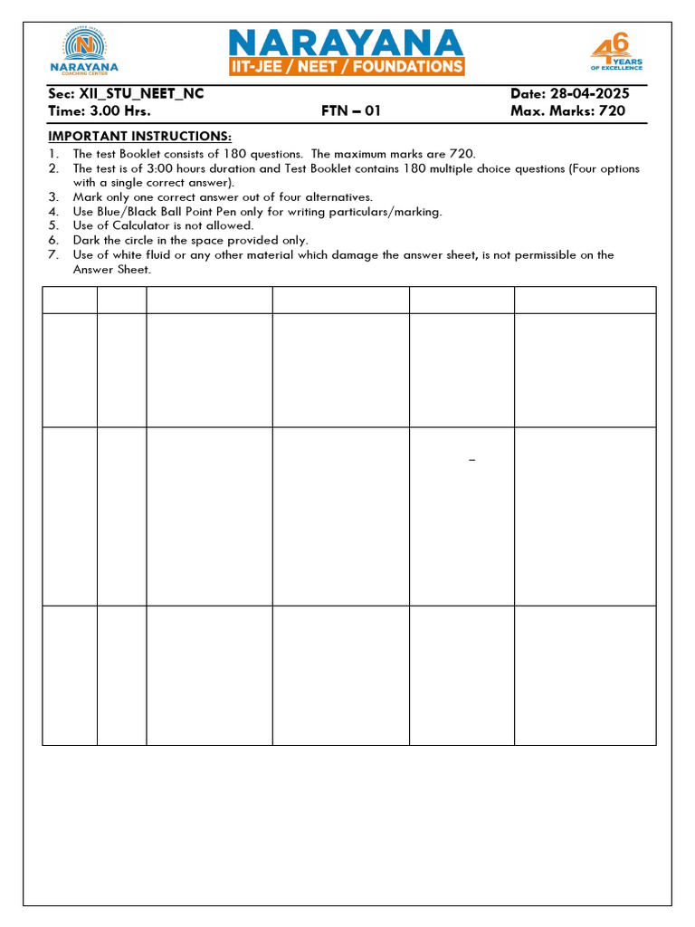 FTN-1 - XII - STU - NEET - NC-28.04.2025 Q Paper | PDF | Pollen | Flowers