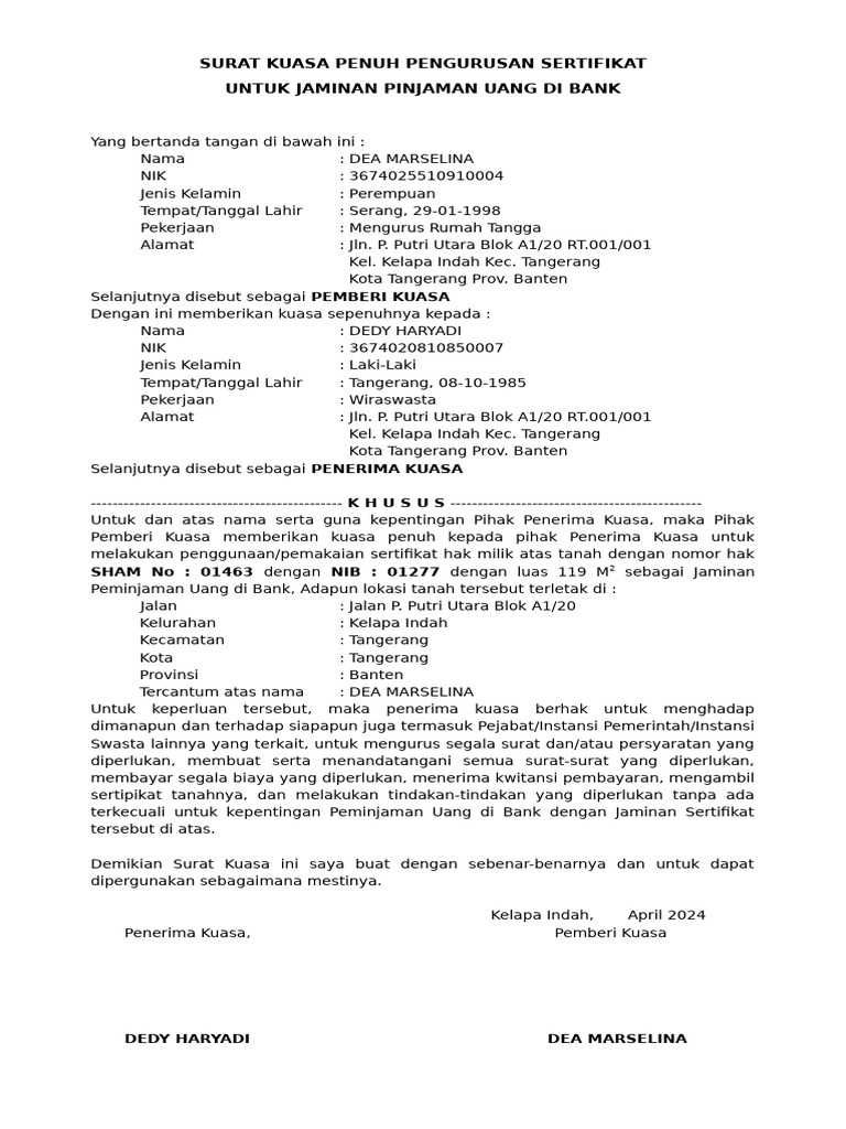 Surat Kuasa Dea Marselina | PDF