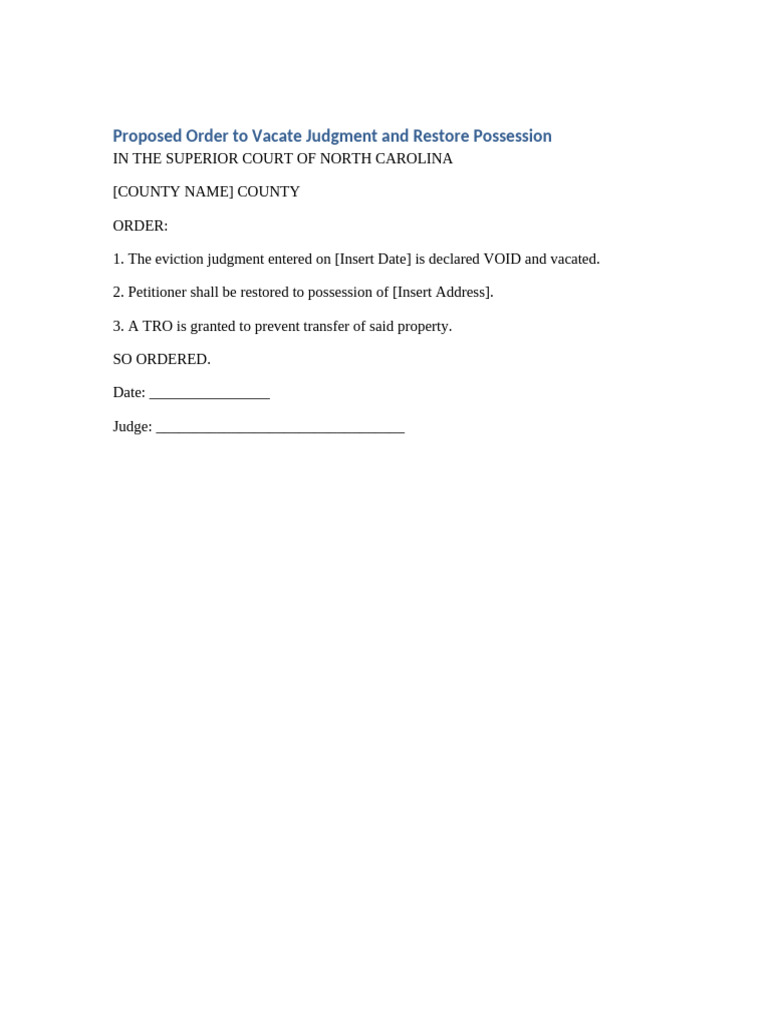 Proposed Order Vacate and Restore | PDF