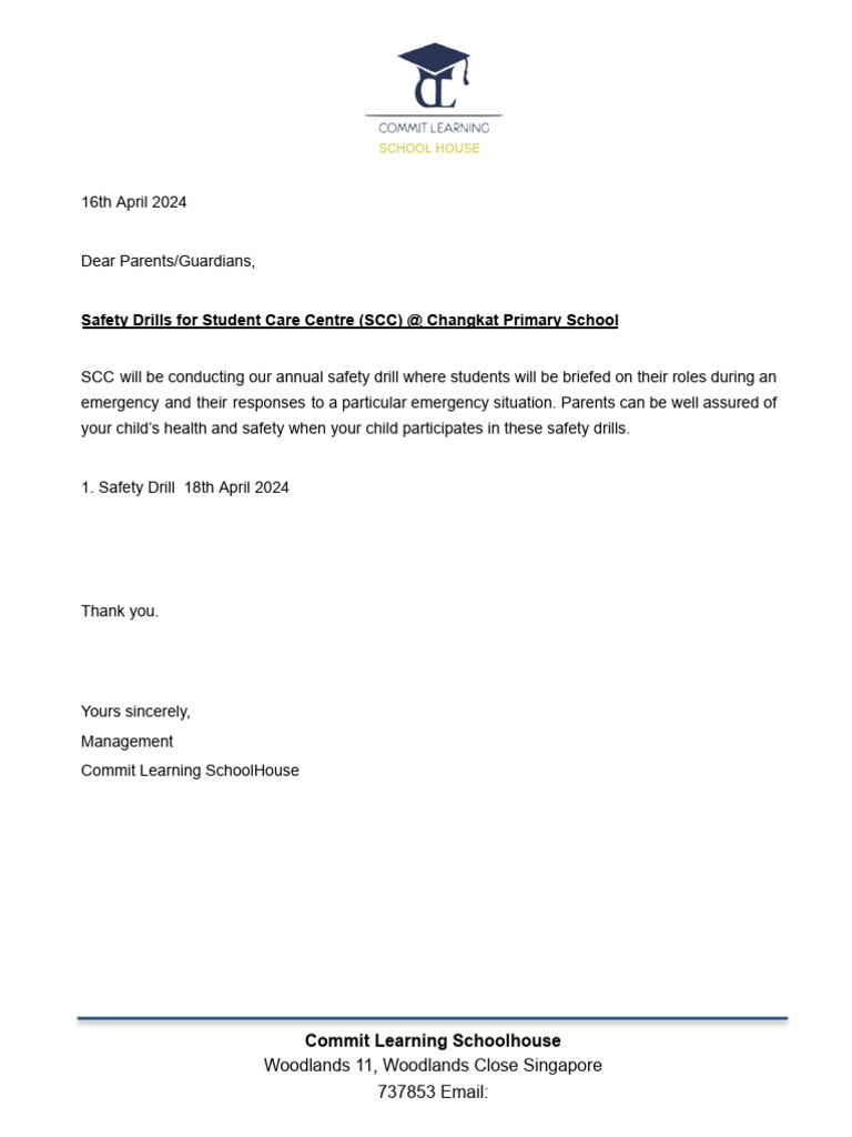 (Safety Drills) Commit Learning SchoolHouse Parent Letter | PDF