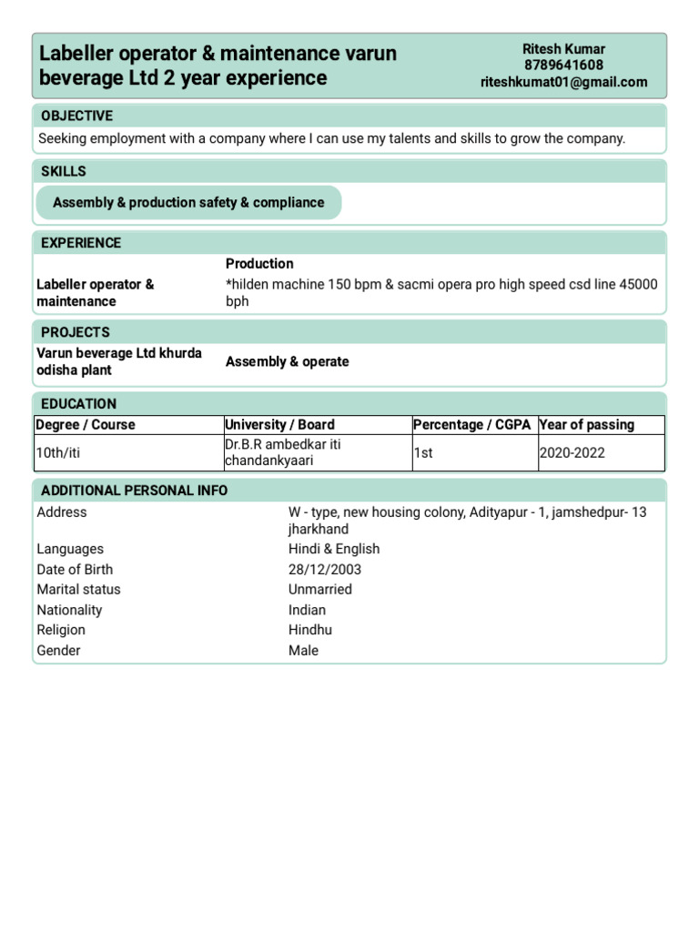 Labeller Operator Resume - Ritesh Kumar | PDF