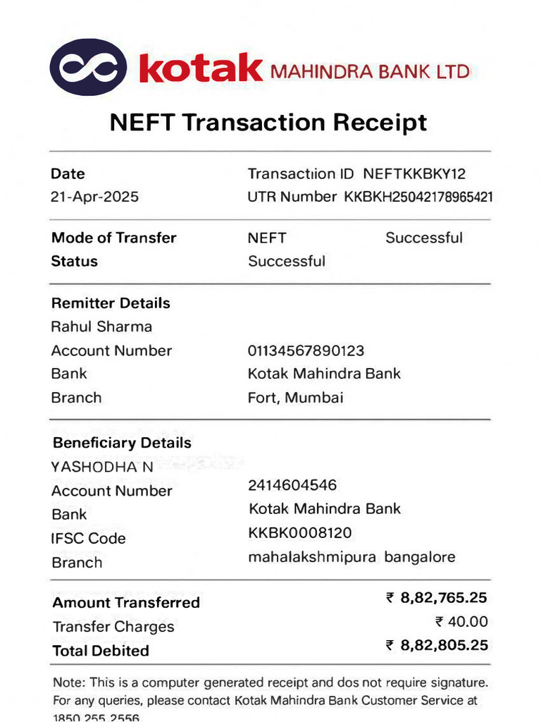 Kotak NEFT Transaction Receipt | PDF