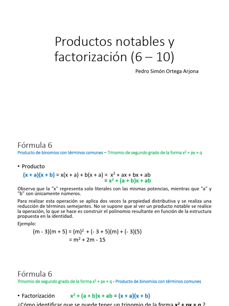 Productos Notables Y Factorización 6 10 Pdf Factorización