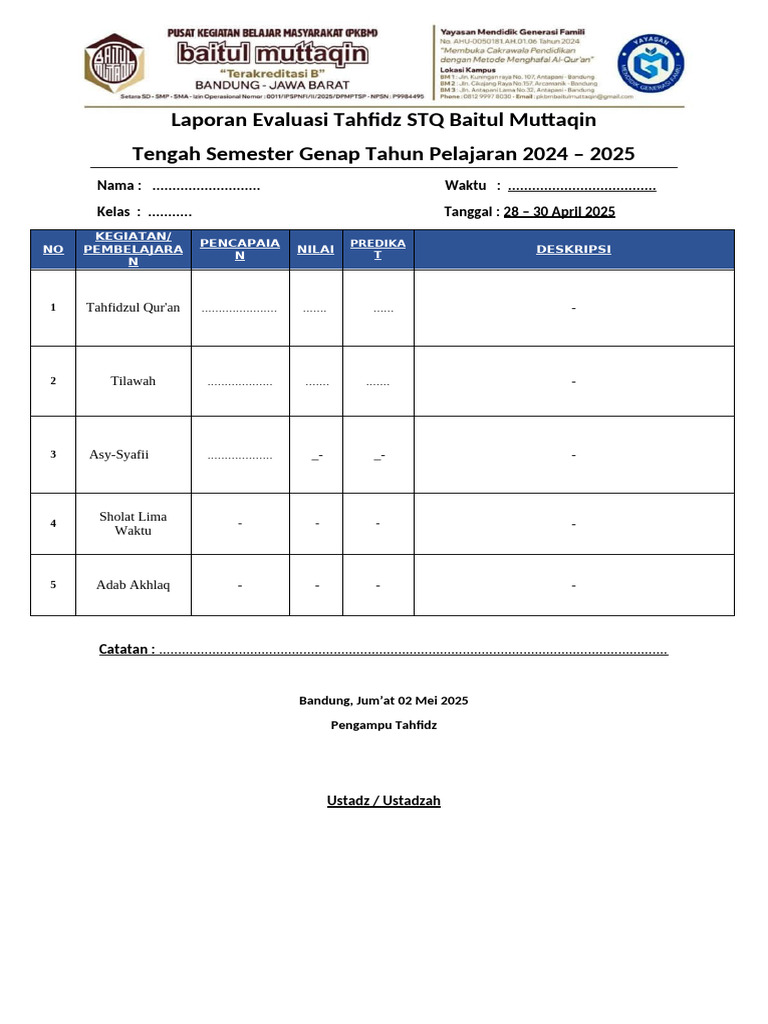 Laporan Evaluasi Tahfidz STQ BM Genap 25 | PDF