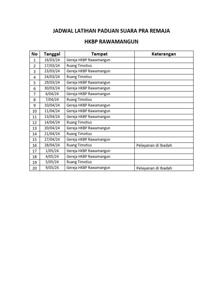 Jadwal Latihan Paduan Suara Pra Remaja | PDF