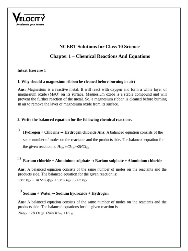 NCERT Solutions For Class 10 Science Chapter 1 Chemical Reactions and ...