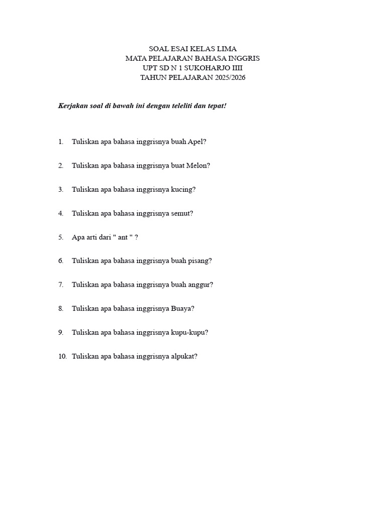 Soal Esai Kelas 1 | PDF