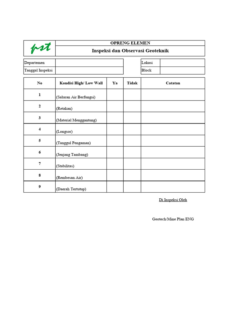 Form Inspeksi Geotek | PDF